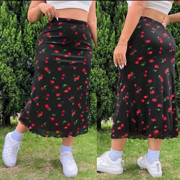 SHEIN | Skirts | Sheincurve Black Mesh Midi Skirt With Cherry Print ...